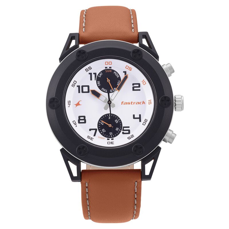 Fastrack Quartz Analog White Dial Leather Strap Watch for Guys