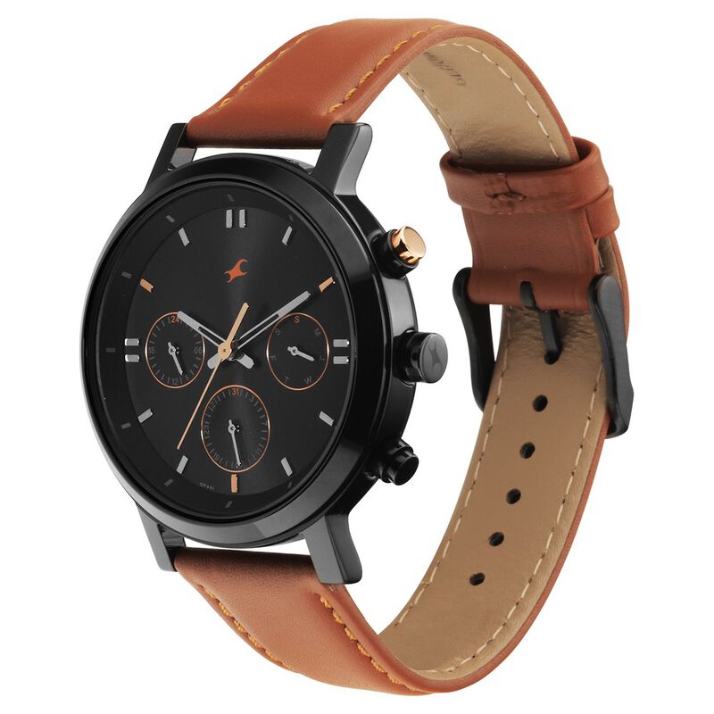 Fastrack Tick Tock Quartz Analog Black dial Leather Strap Watch for Guys