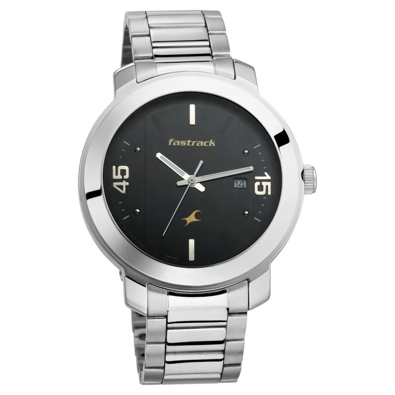 Fastrack Bare Basics Quartz Analog with Date Black Dial Stainless Steel ...