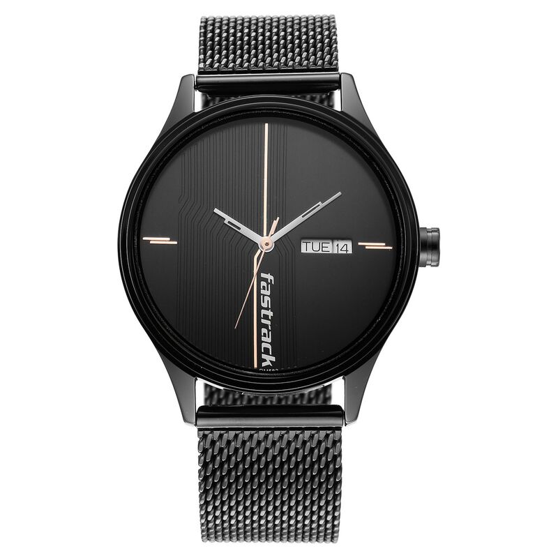Fastrack Style Up Quartz Analog with Day and Date Black Dial Stainless ...