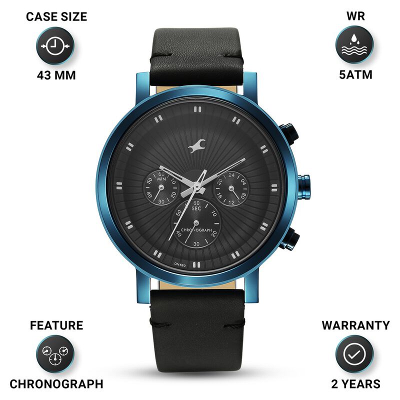 Fastrack Kronos Multifunction Black Dial Leather Strap Watch for Guys