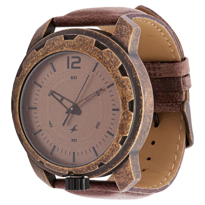 Fastrack Quartz Analog Golden Dial Leather Strap Watch for Guys