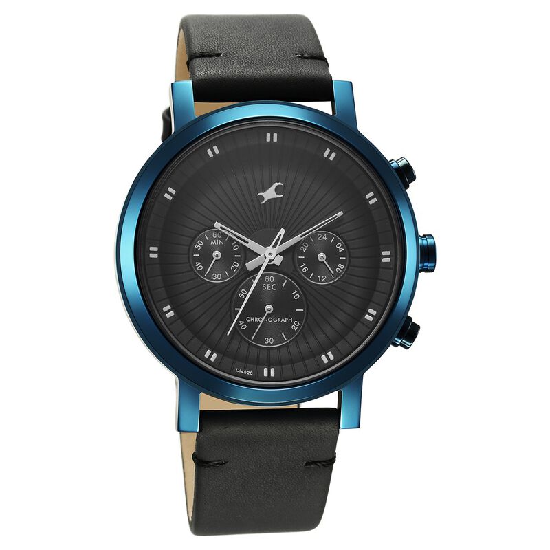Fastrack Kronos Multifunction Black Dial Leather Strap Watch for Guys