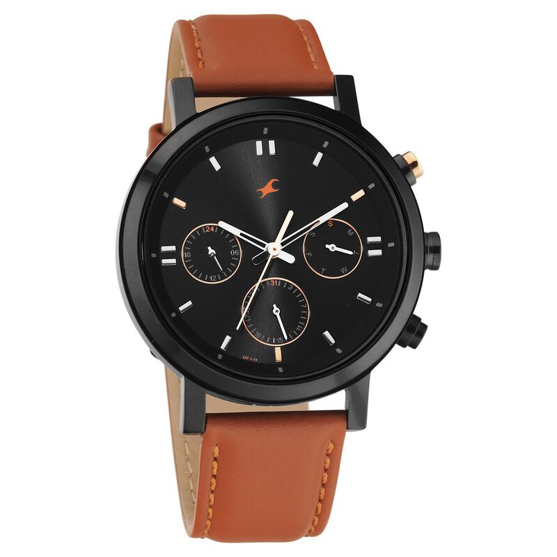 Fastrack Tick Tock Quartz Analog Black dial Leather Strap Watch for Guys