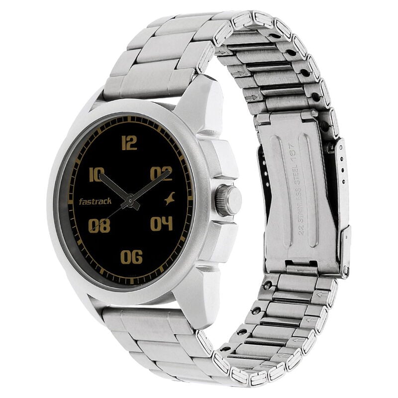 Fastrack Quartz Analog Black Dial Stainless Steel Strap Watch for Guys