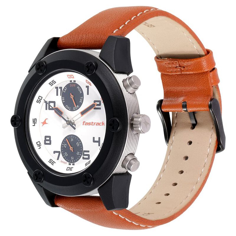 Fastrack Modular Quartz Analog White Dial Leather Strap Watch for Guys