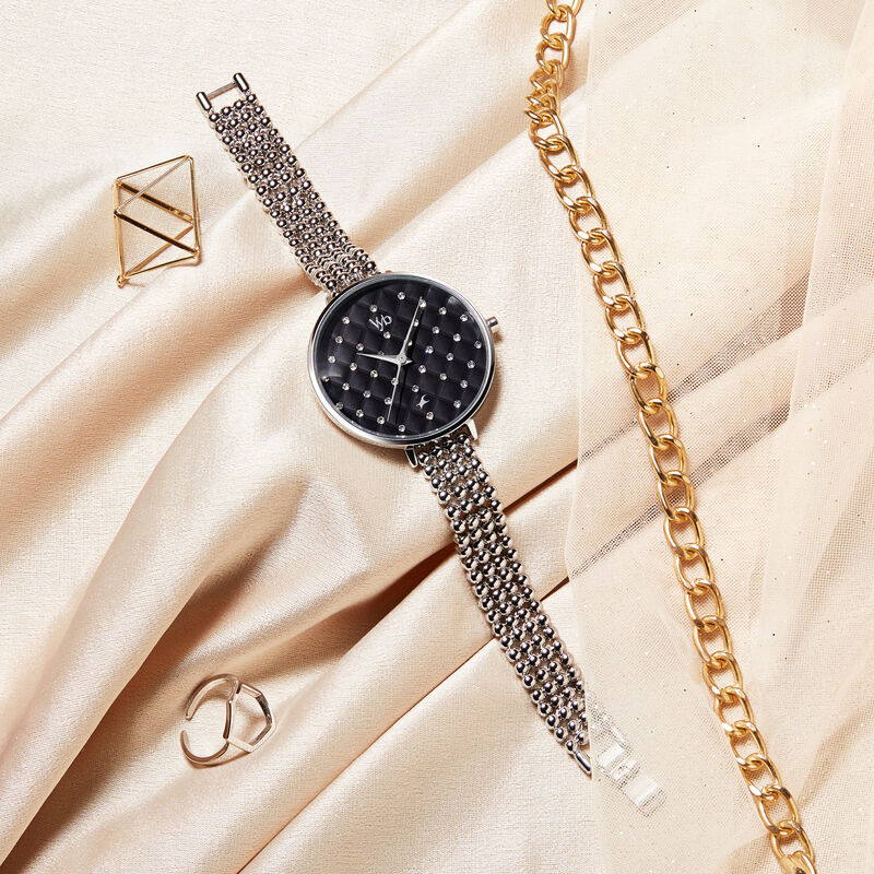 Fastrack Vyb Iconique Quartz Analog Black Dial Metal Strap Watch for Girls