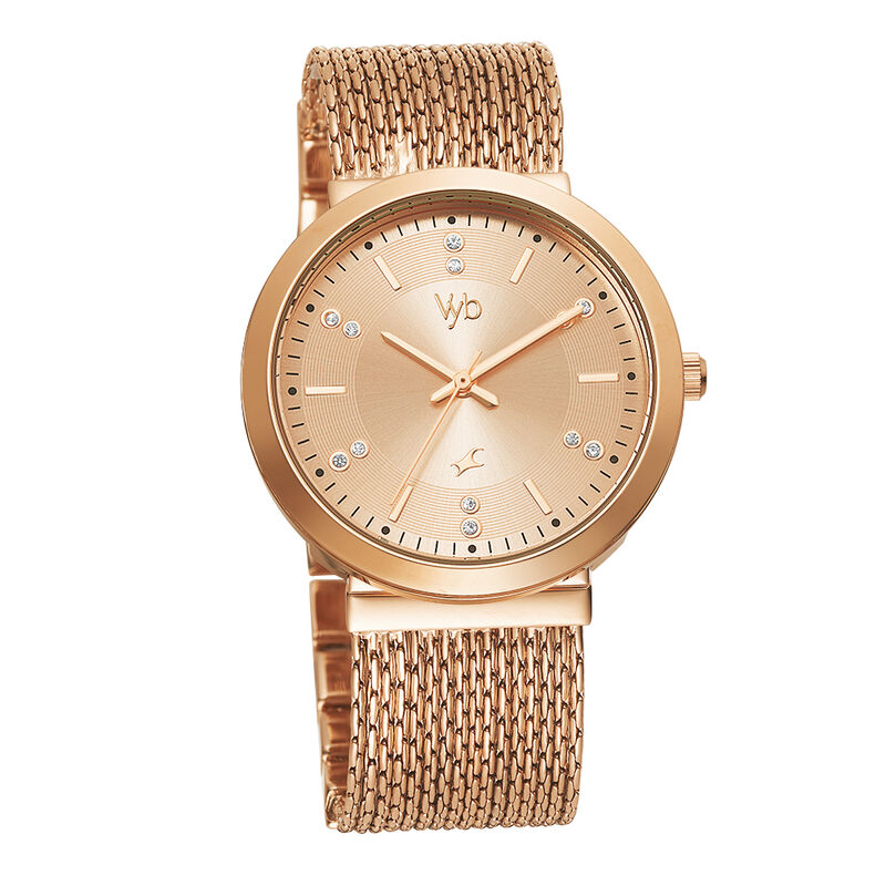 Fastrack Vyb Flare Quartz Analog Rose Gold Dial Metal Strap Watch for Girls