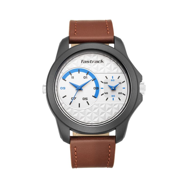 Fastrack Dual Time Quartz Analog White Dial Leather Strap Watch for Guys