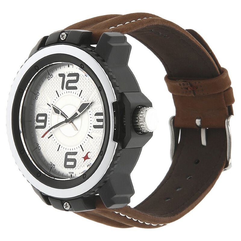 Fastrack Quartz Analog Silver Dial Leather Strap Watch for Guys