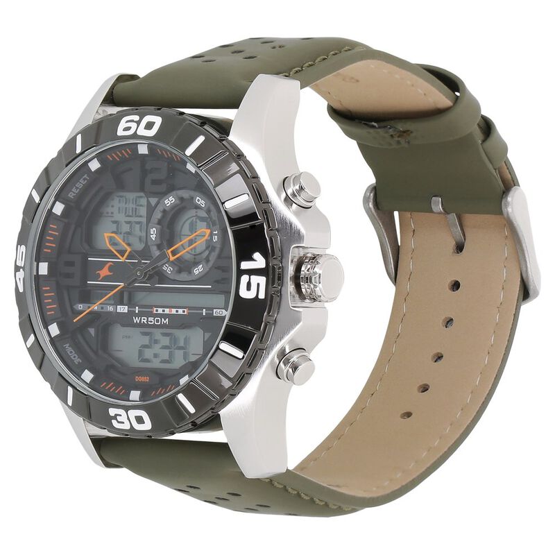 Fastrack Quartz Analog Digital Orange Dial Leather Strap Watch for Guys