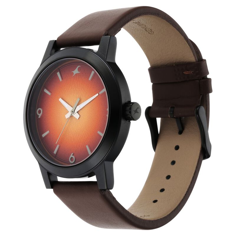 Fastrack Stunners Quartz Analog Orange Dial Leather Strap Watch for Guys