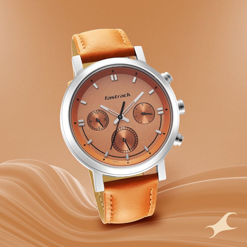 Buy Online Fastrack Tick Tock Quartz Multifunction Orange Dial Leather ...