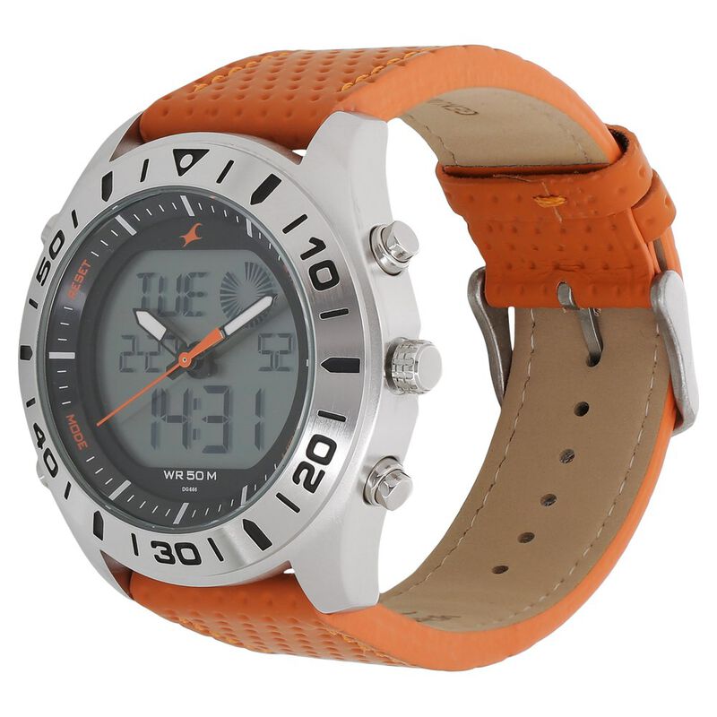 Fastrack Quartz Analog Digital Orange Dial Leather Strap Watch for Guys