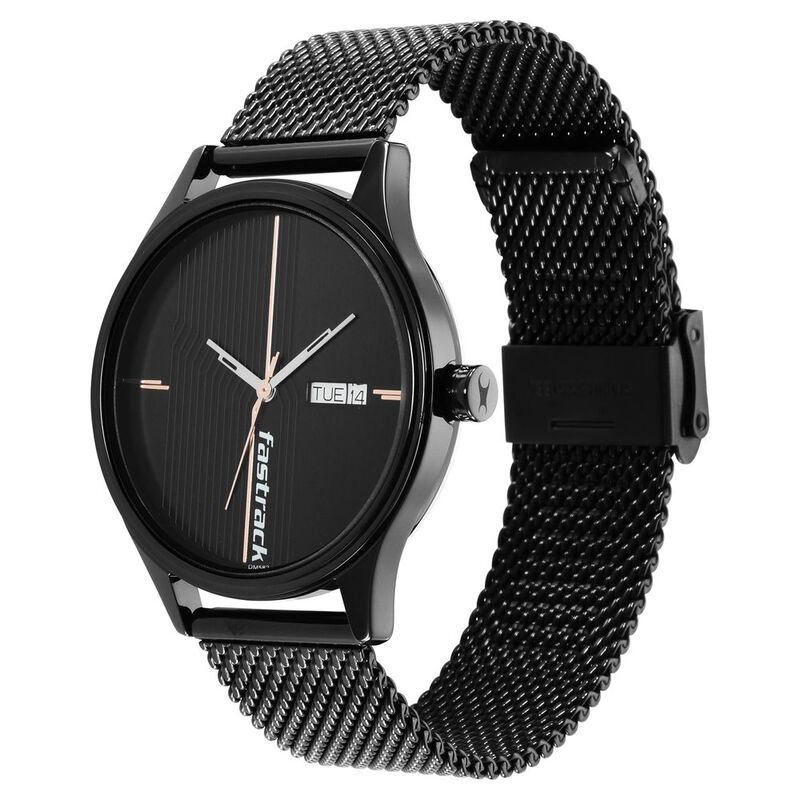 Fastrack Style Up Quartz Analog with Day and Date Black Dial Stainless ...