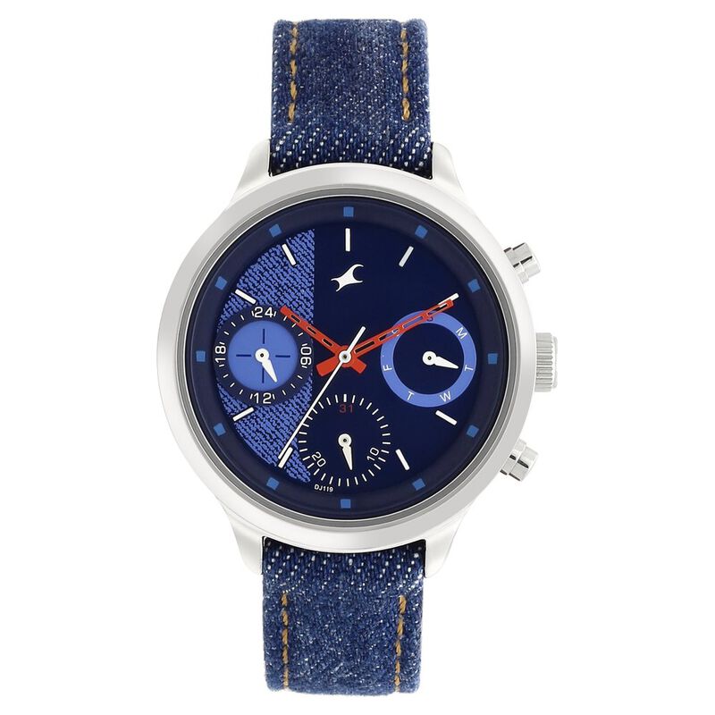 Buy Online Fastrack Denim Quartz Multifunction Blue Dial Denim Strap ...