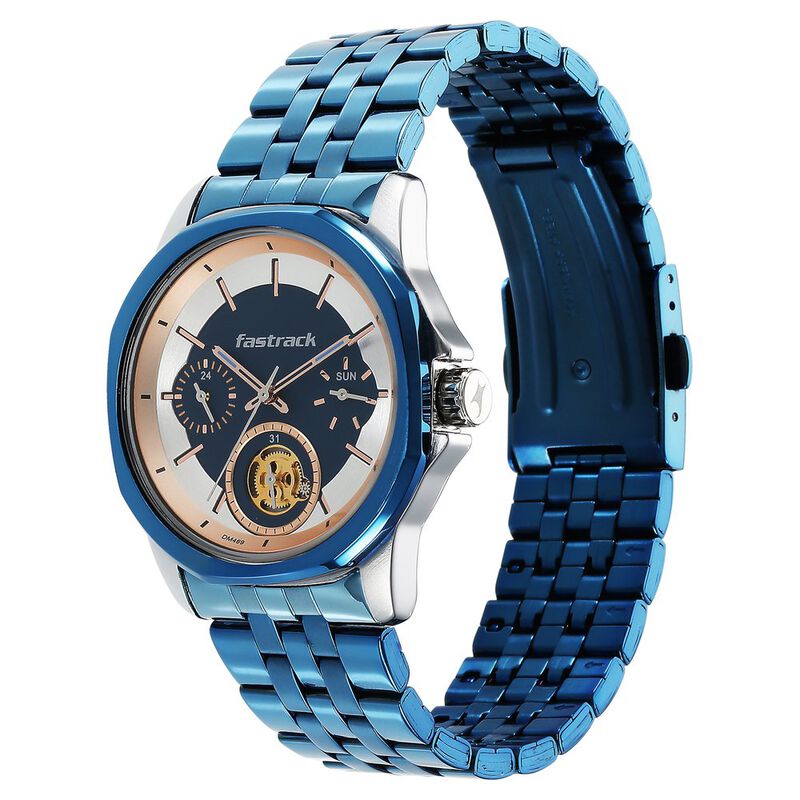 Fastrack Exuberant Quartz Analog Blue Dial Metal Strap Watch for Guys