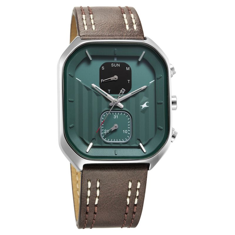Fastrack Fleek Quartz Multifunction Green Dial Leather Strap Watch For Guys