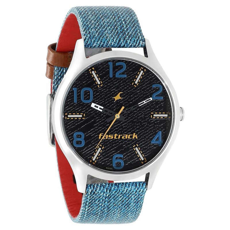 Fastrack Denim Quartz Analog Black Dial Leather Strap Watch for Guys