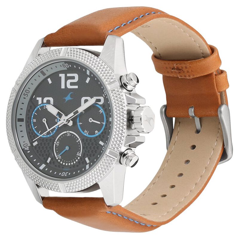 Fastrack Loopholes Quartz Multifunction Black Dial Leather Strap Watch ...