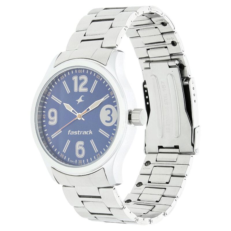 Fastrack Bare Basics Quartz Analog Blue Dial Metal Strap Watch for Guys
