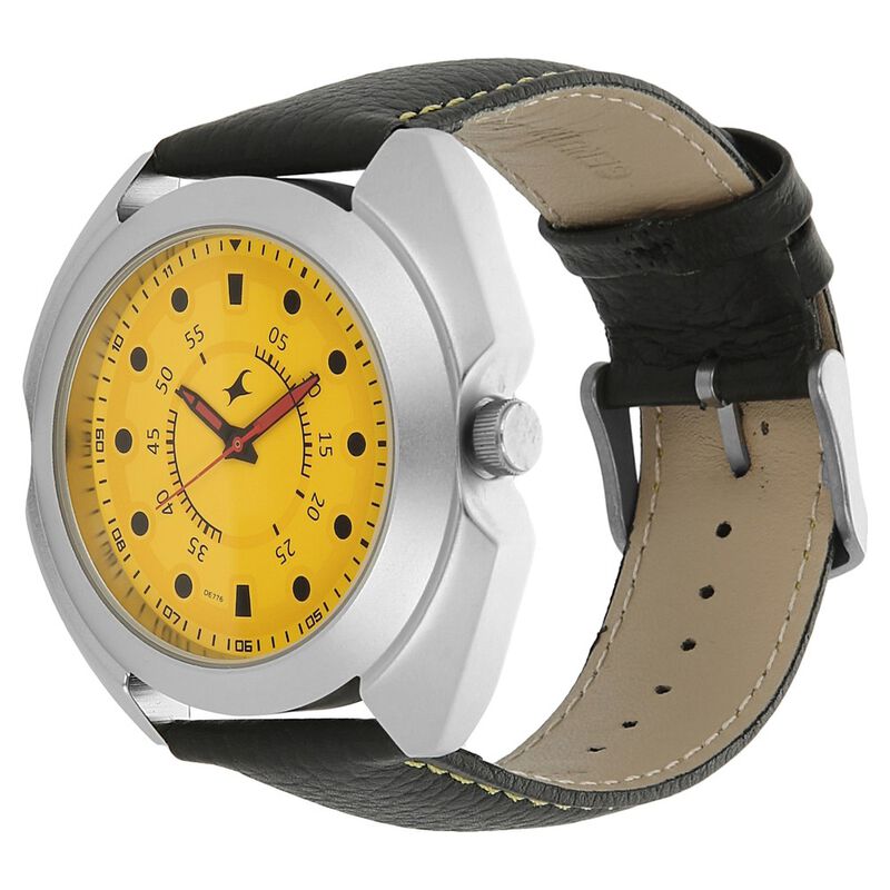 Fastrack Quartz Analog Yellow Dial Leather Strap Watch for Guys