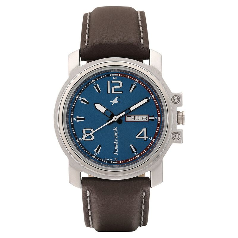 Fastrack Quartz Analog with Day and Date Blue Dial Leather Strap Watch ...
