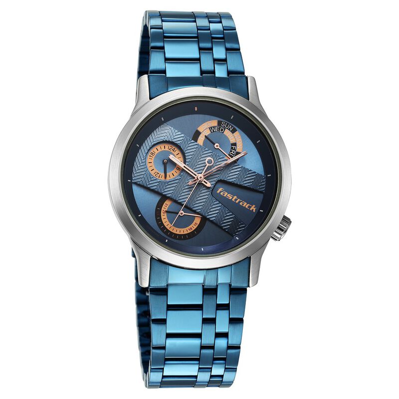 Fastrack Exuberant Quartz Analog Blue Dial Metal Strap Watch for Guys