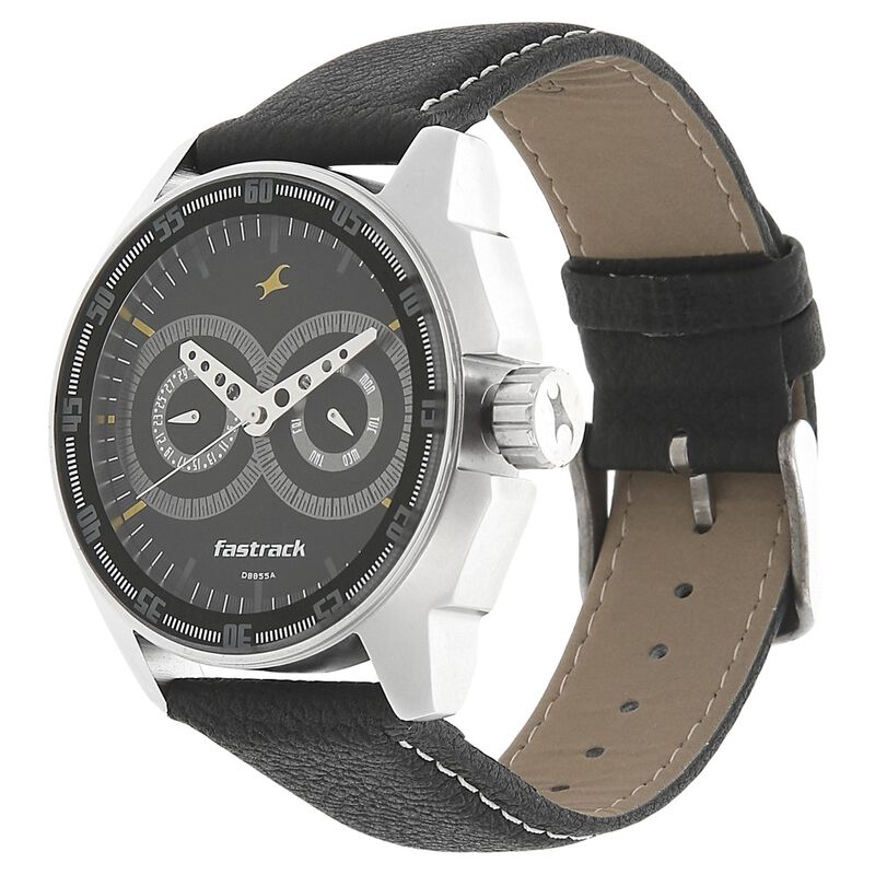 Fastrack Quartz Multifunction Black Dial Leather Strap Watch for Guys