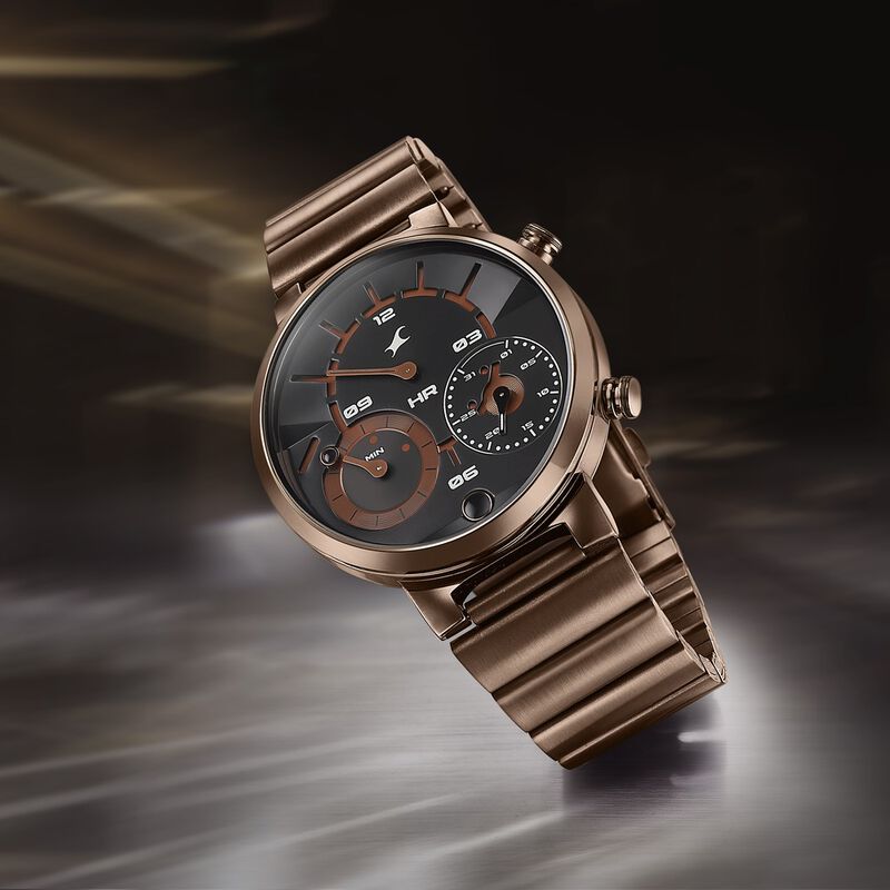 Buy Online Fastrack Gambit Micromotor Black Dial Brown Metal Strap ...