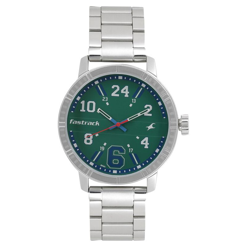 Buy Online Fastrack Varsity Quartz Analog Green Dial Stainless Steel ...