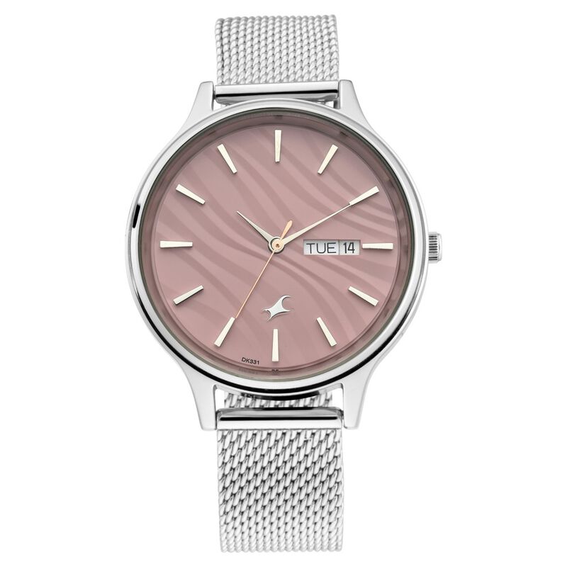 Fastrack Ruffles Quartz Analog with Day and Date Pink Dial Stainless ...