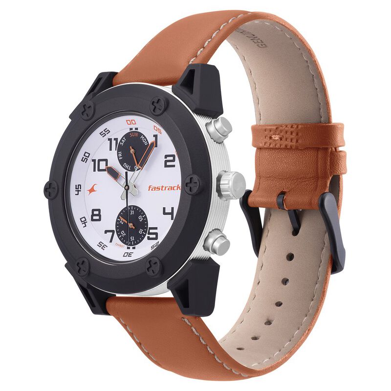 Fastrack Quartz Analog White Dial Leather Strap Watch for Guys