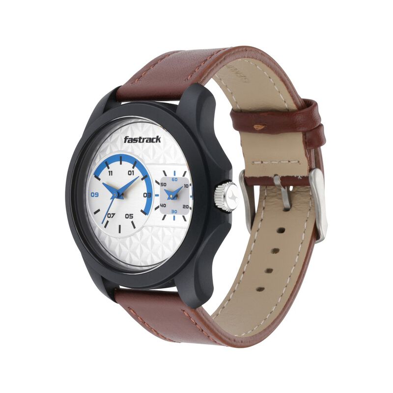 Fastrack Dual Time Quartz Analog White Dial Leather Strap Watch for Guys