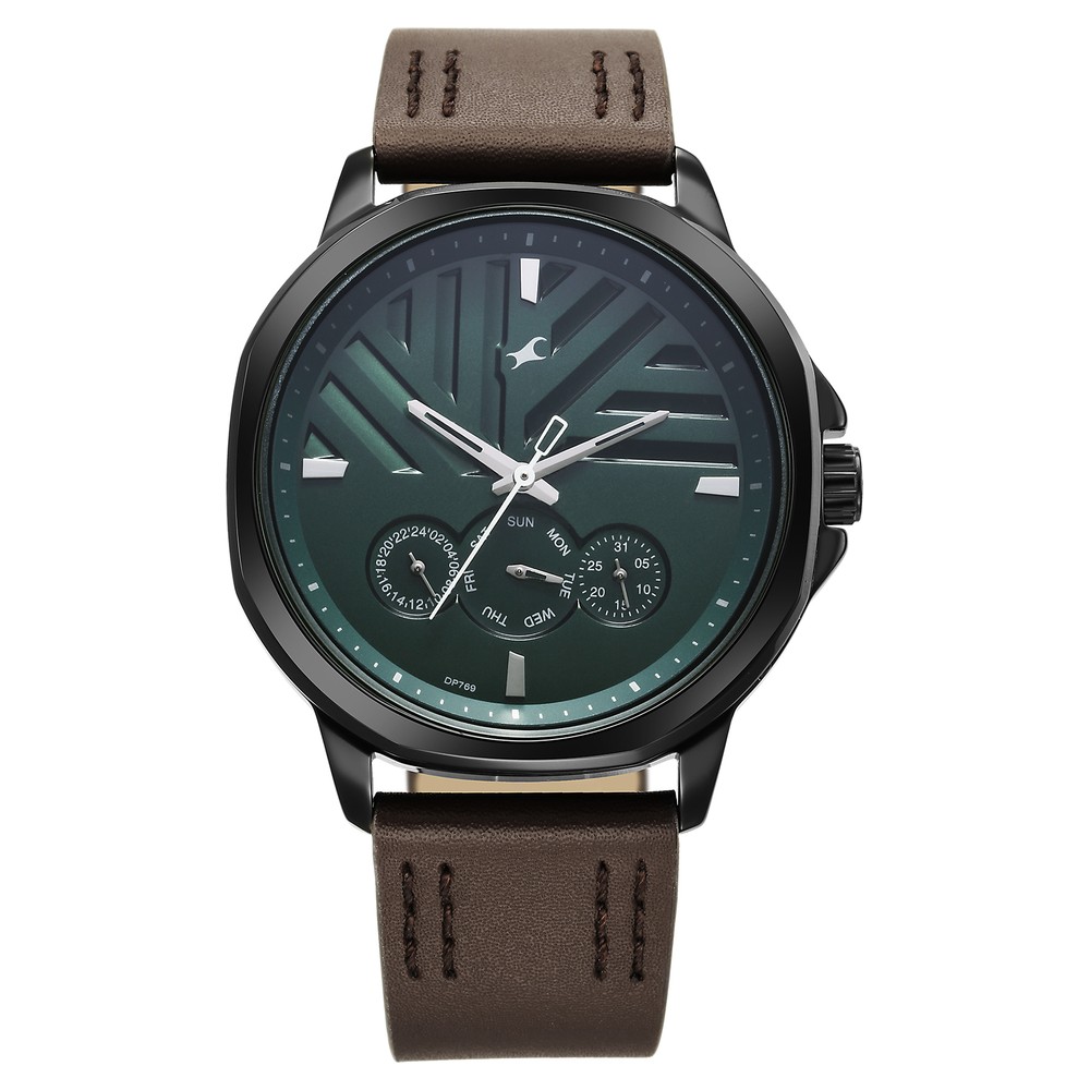 Buy Online Fastrack Fleek Quartz Multifunction Green Dial Leather Strap ...