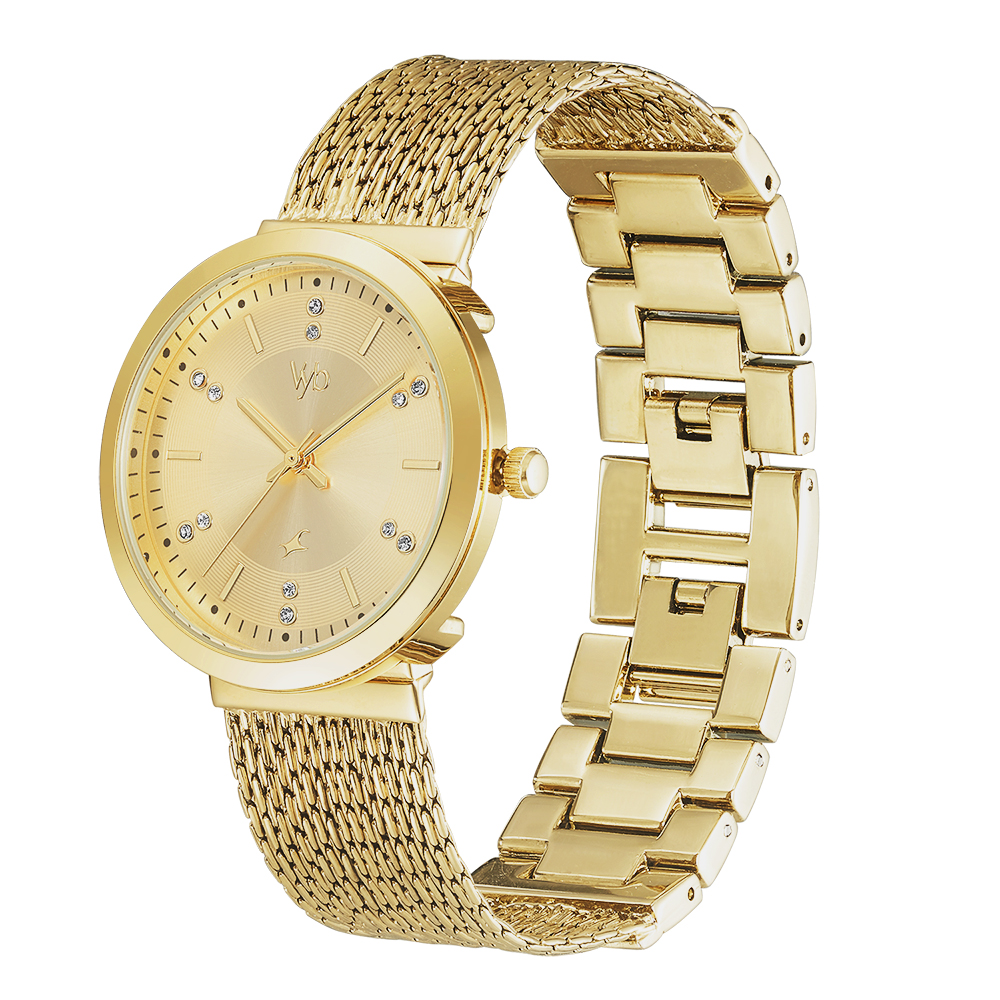 Buy Online Fastrack Vyb Flare Quartz Analog Golden Dial Metal Strap ...