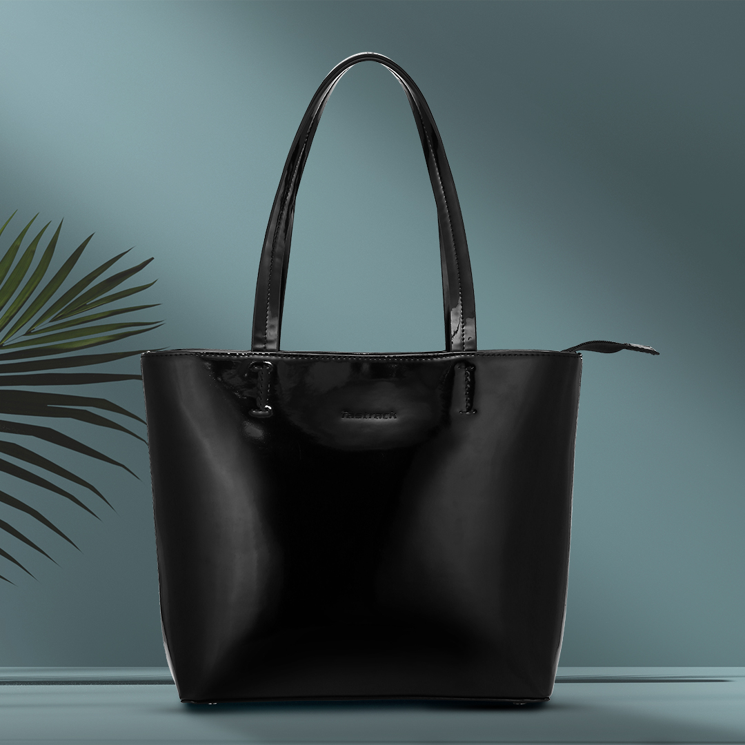 Buy Online Fastrack Tote in Patent Faux-Leather in Black ...