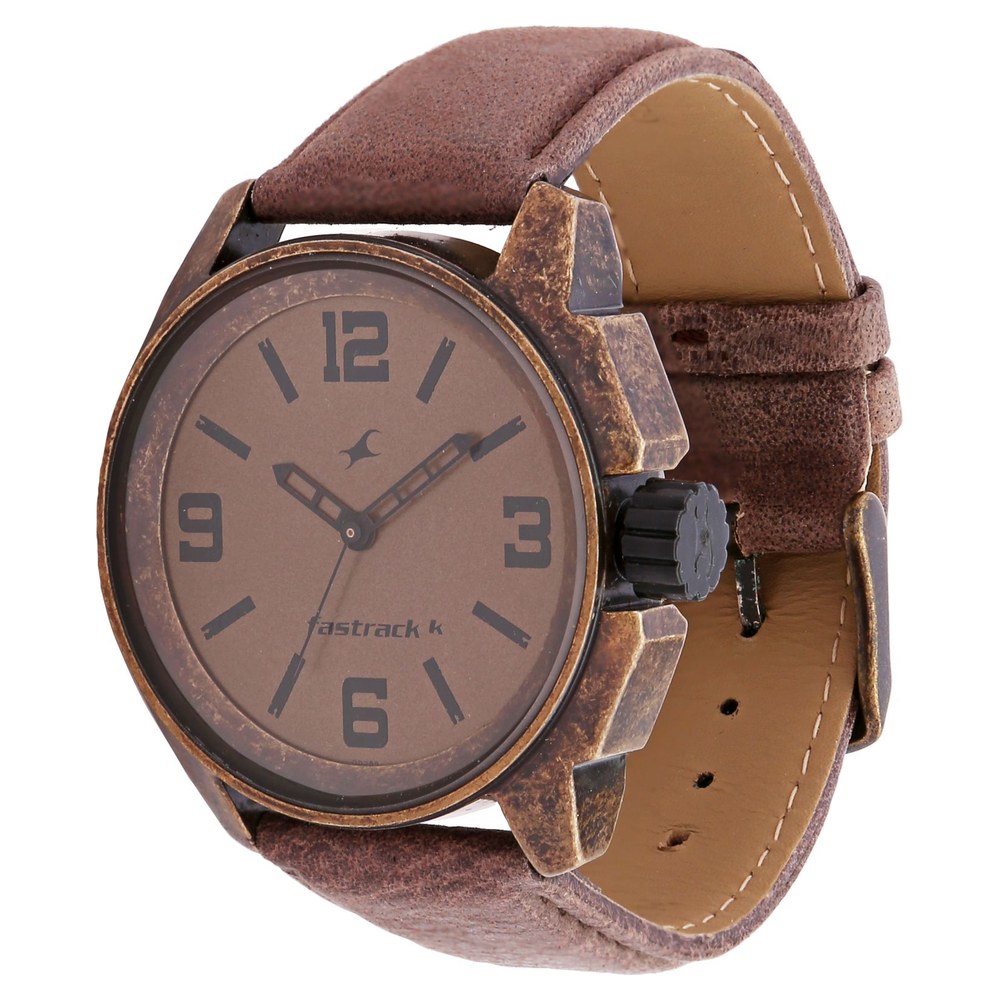 Fastrack Quartz Analog Antique Dial Leather Strap Watch for Guys