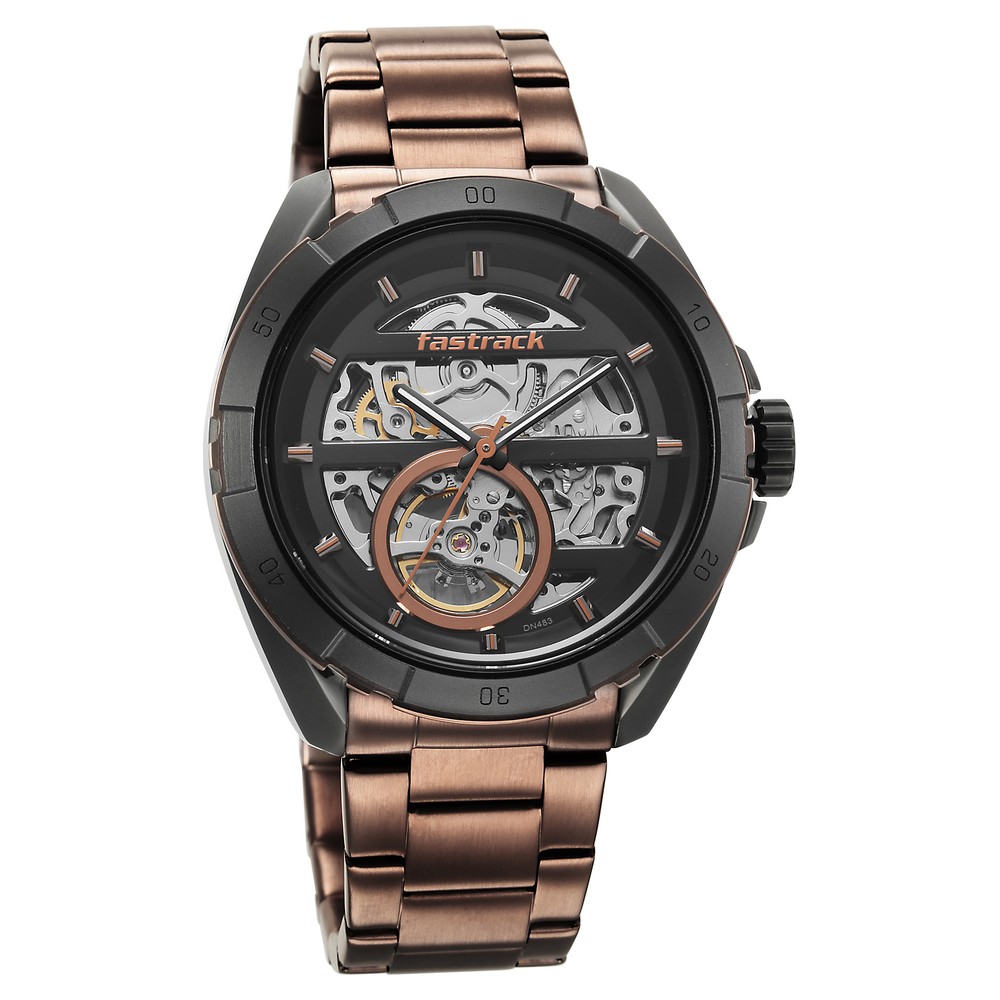 Buy Online Fastrack Automatics Black Dial Brown Stainless Steel Strap ...