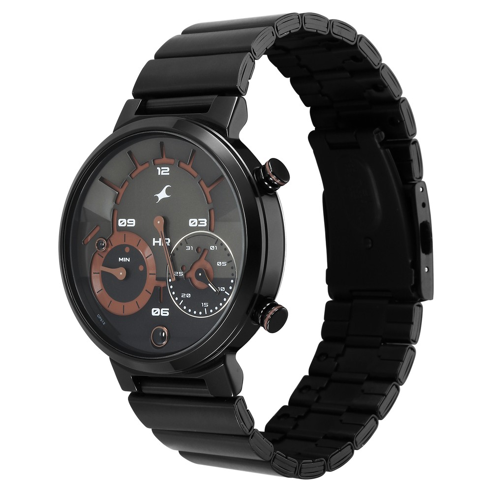 Buy Online Fastrack Gambit Micromotor Black Dial Black Metal Strap ...