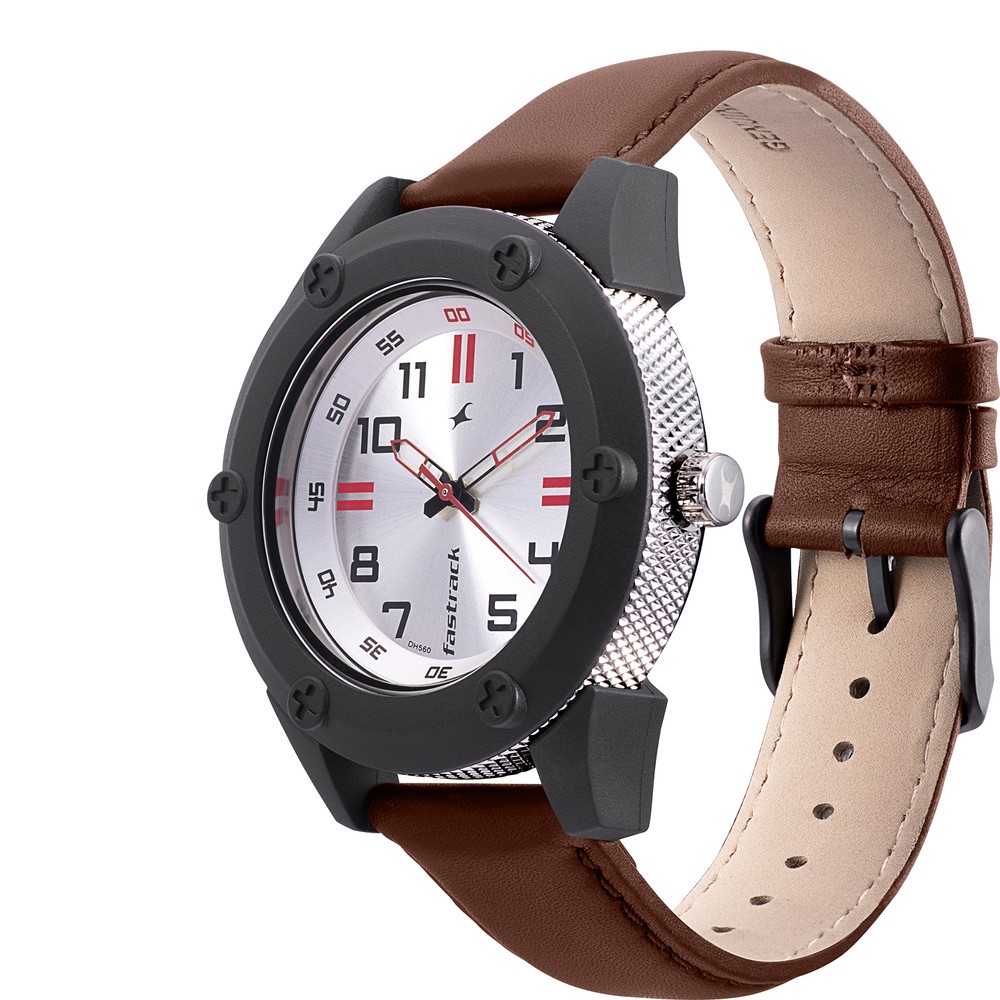 Fastrack Modular Quartz Analog Silver Dial Leather Strap Watch for Guys