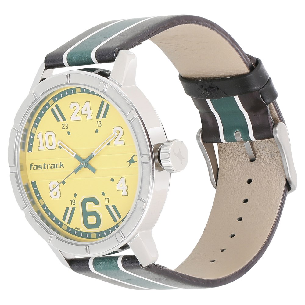 Buy Online Fastrack Varsity Quartz Analog Yellow Dial Leather Strap ...