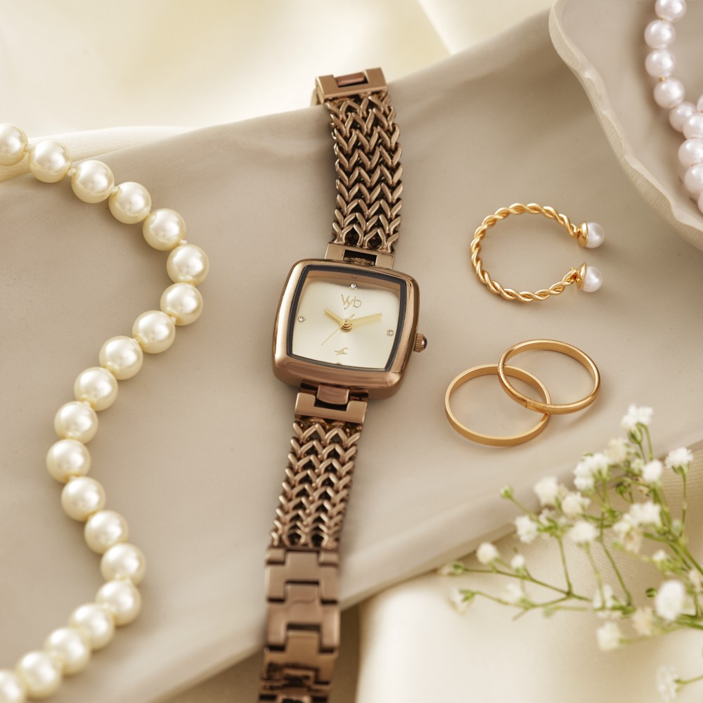 Buy Online Fastrack Vyb Showstopper Quartz Analog Golden Dial Brown ...