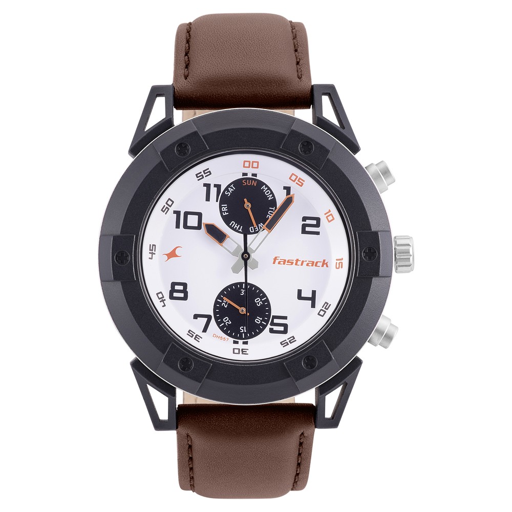 Fastrack Modular Quartz Analog White Dial Leather Strap Watch for Guys