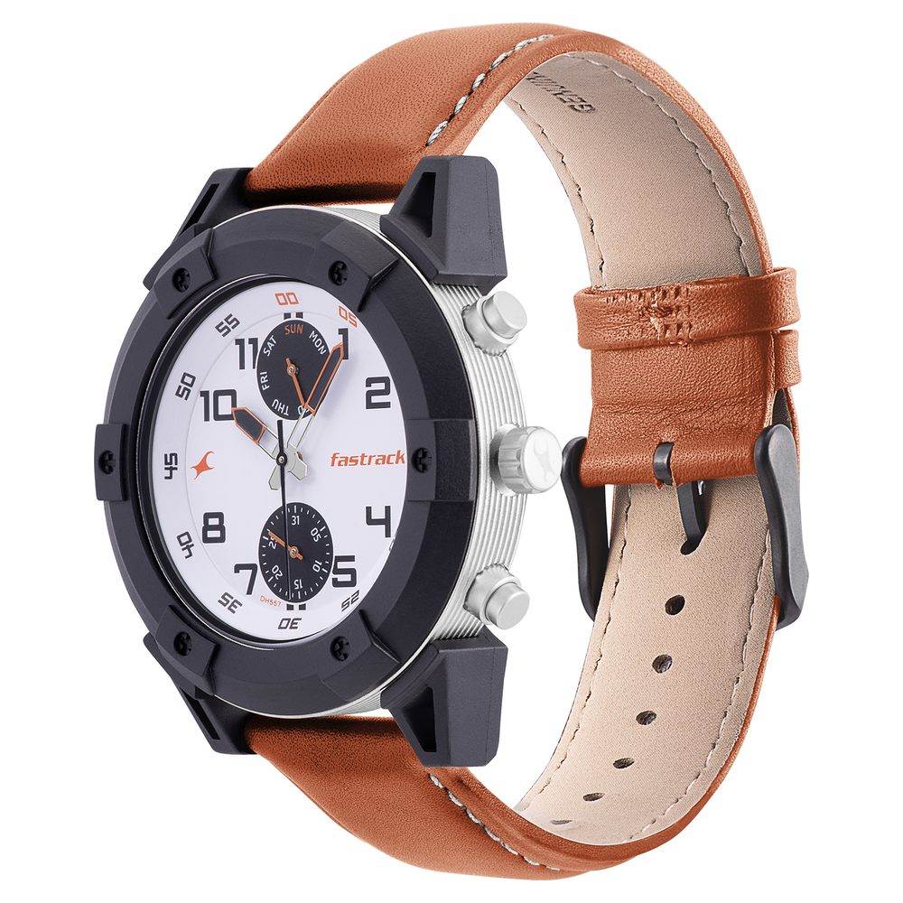 Fastrack Modular Quartz Analog White Dial Leather Strap Watch for Guys