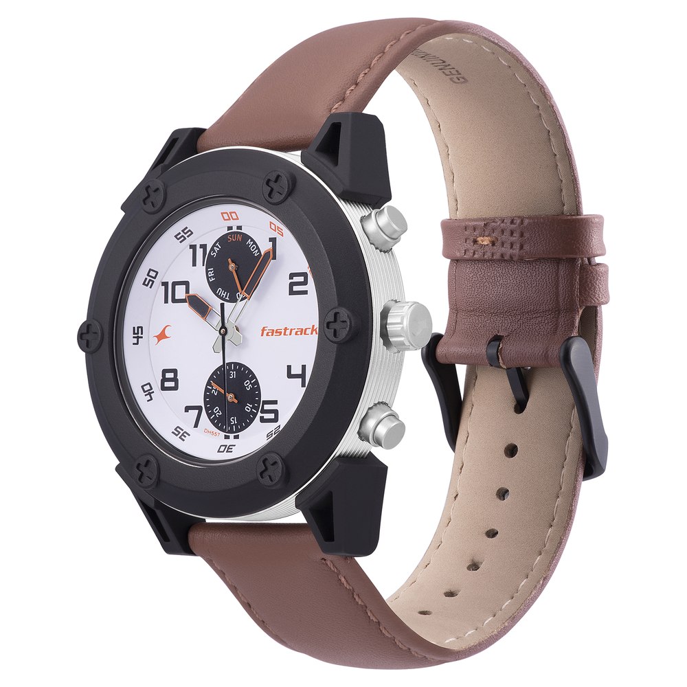 Fastrack Modular Quartz Analog White Dial Leather Strap Watch for Guys
