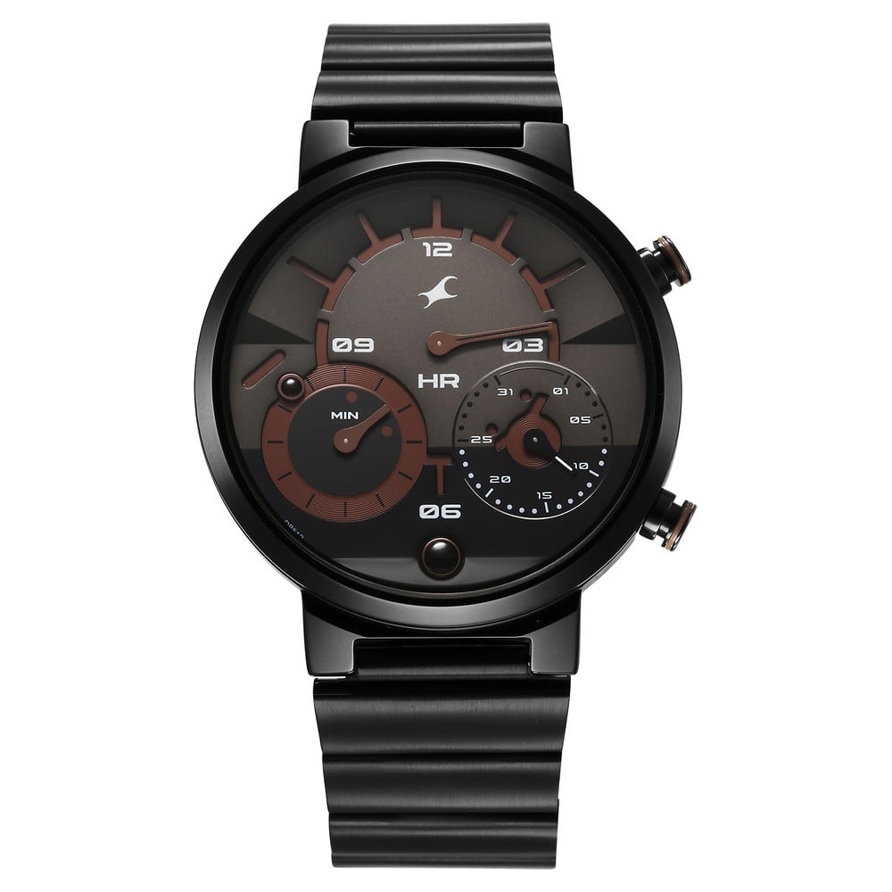 Buy Online Fastrack Gambit Micromotor Black Dial Black Metal Strap ...