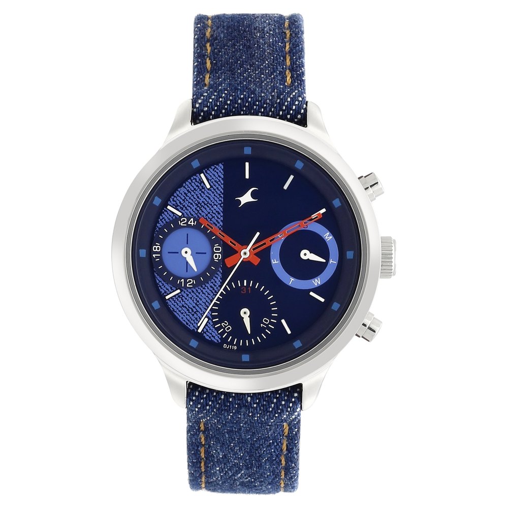 Buy Online Fastrack Denim Quartz Multifunction Blue Dial Denim Strap ...
