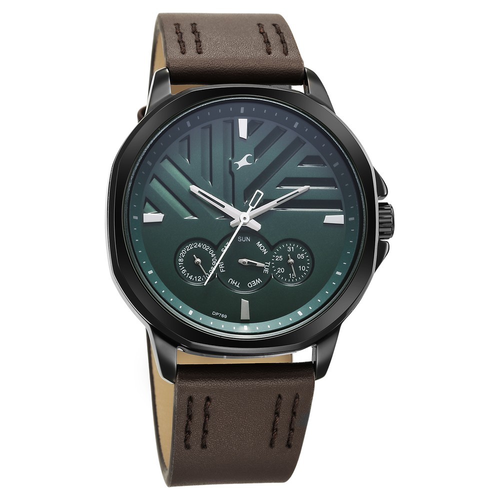 Buy Online Fastrack Fleek Quartz Multifunction Green Dial Leather Strap ...