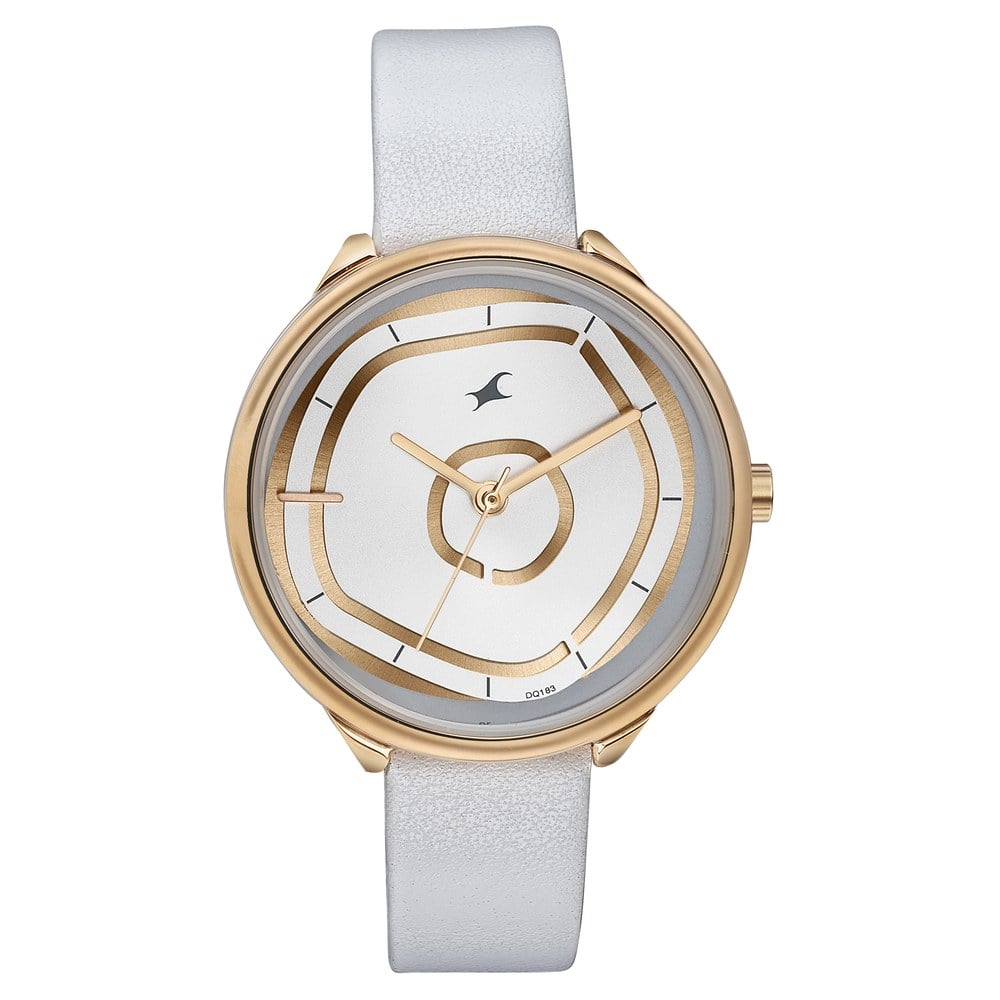 Buy Online Fastrack Stunners Analog Rose Gold Dial White Leather Strap ...